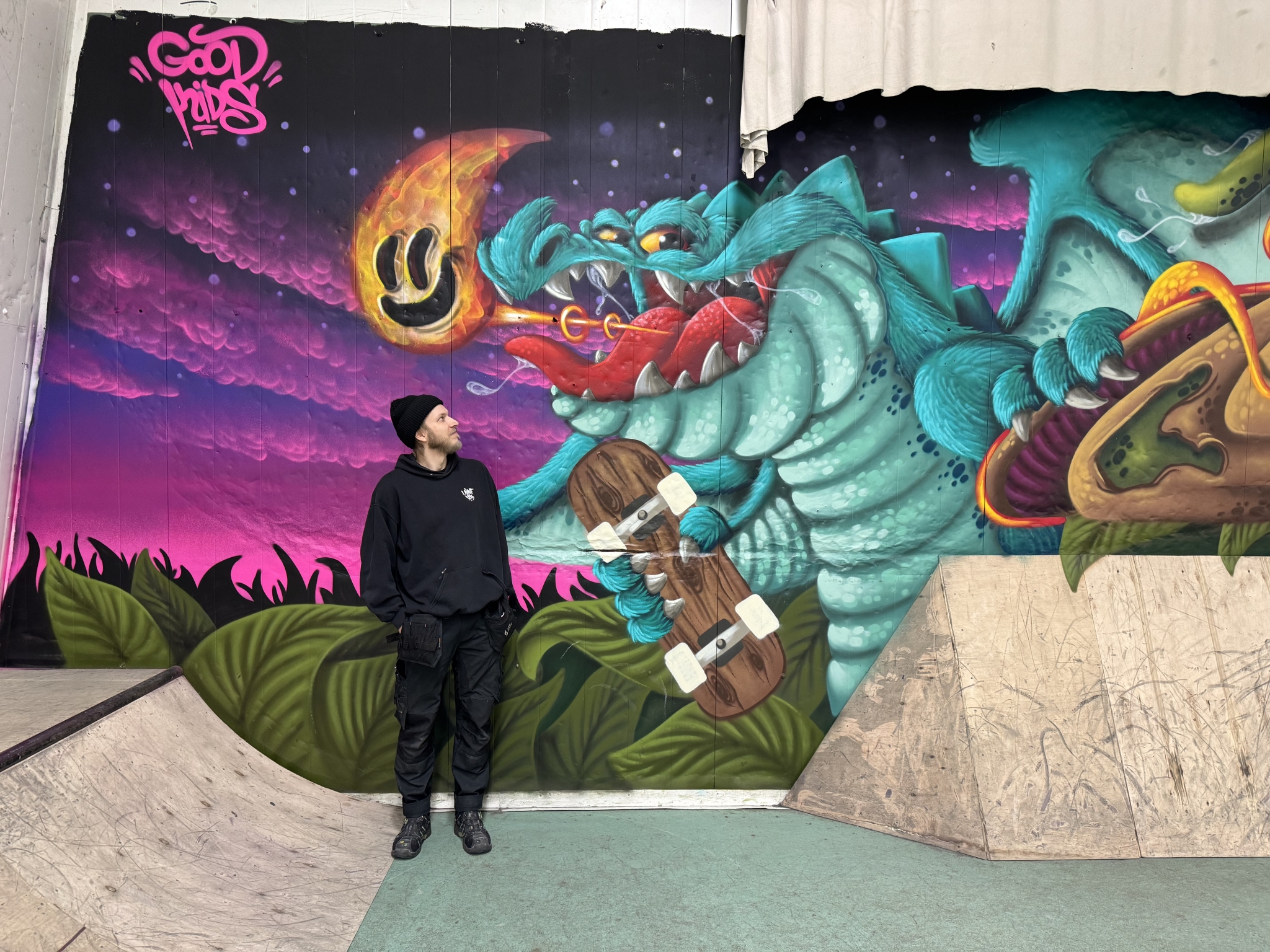 Tony painted a 15-metre graffiti to brighten up the indoor skatepark ...
